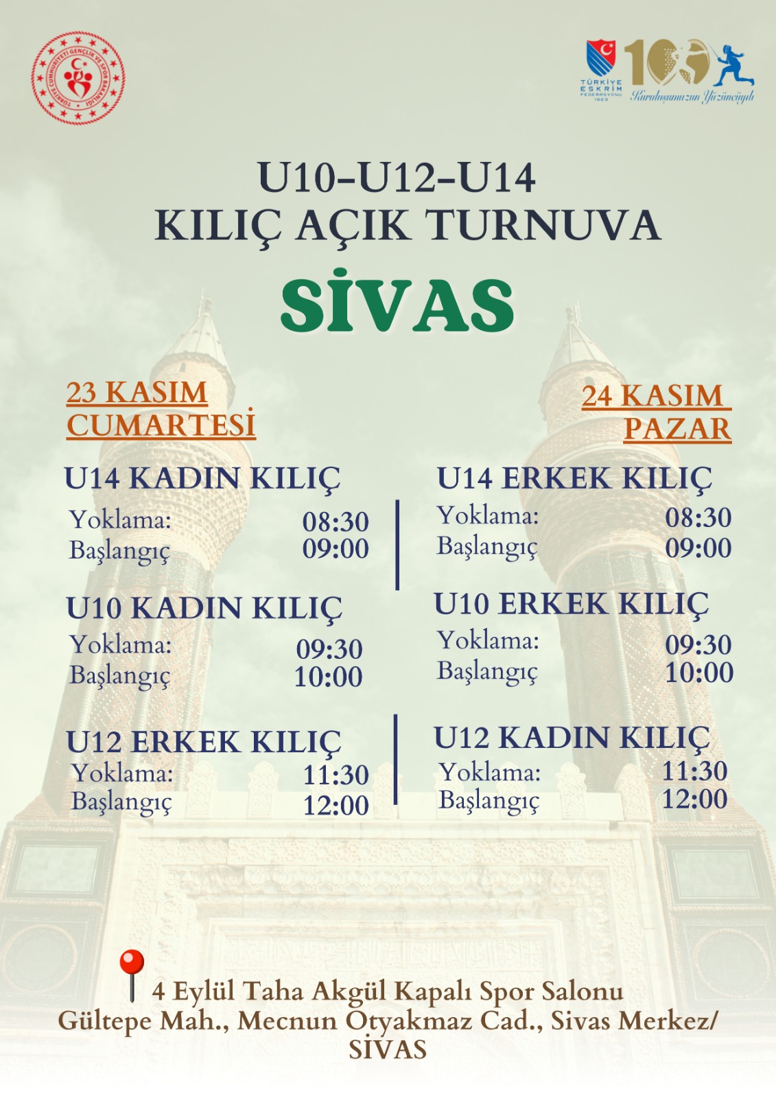 U10 - U12 - U14 Kılıç Açık Turnuva Programları - Sivas - Kocaeli 23/24 ...